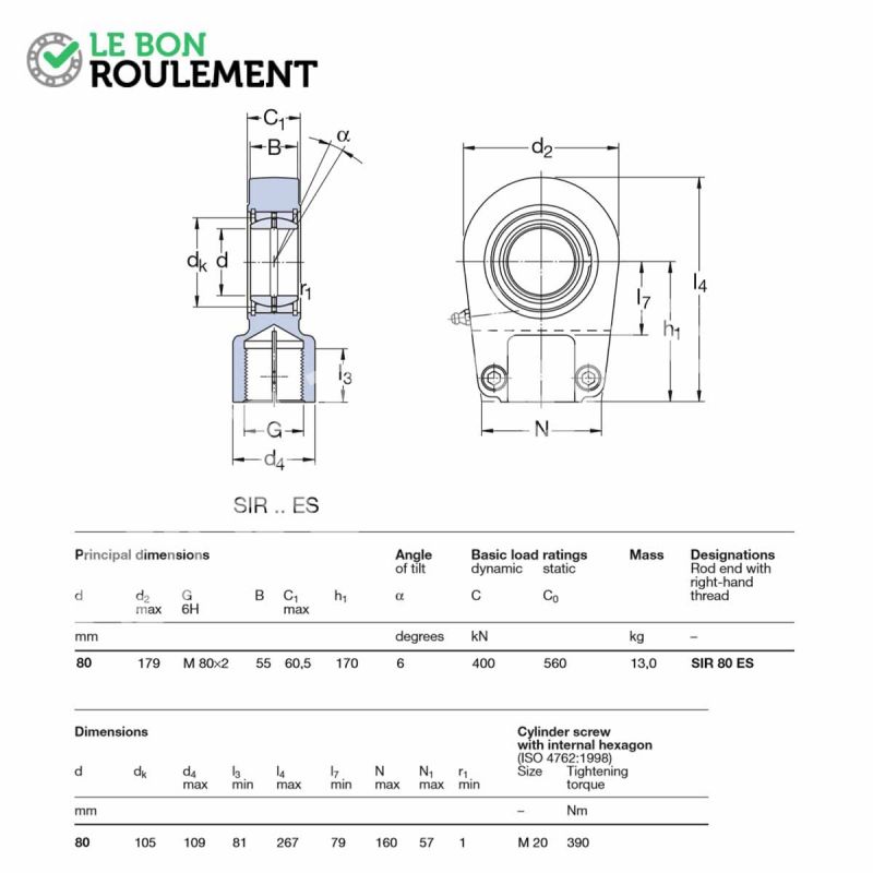 Rotule pour vérin à visser SIR80-ES-SKF | Le Bon Roulement