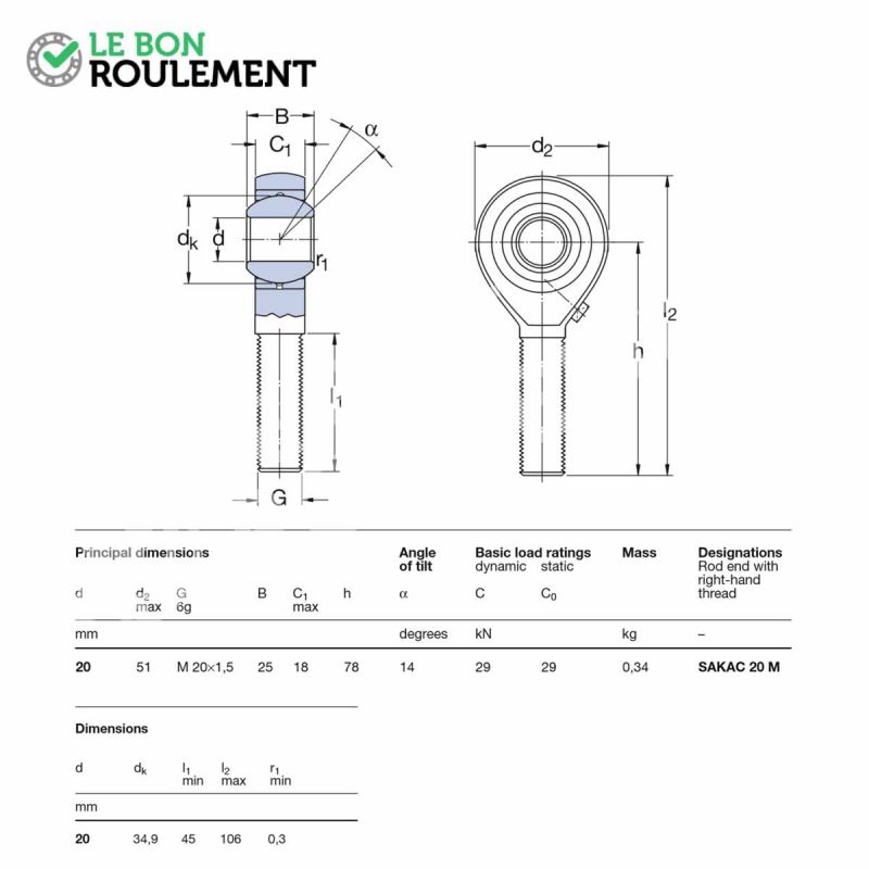 Embout à rotule male SAKAC20-M-SKF | Le Bon Roulement