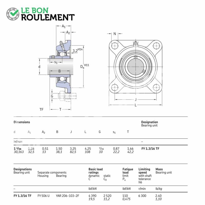 Palier fonte FY1-3/16-TF-SKF | Le Bon Roulement