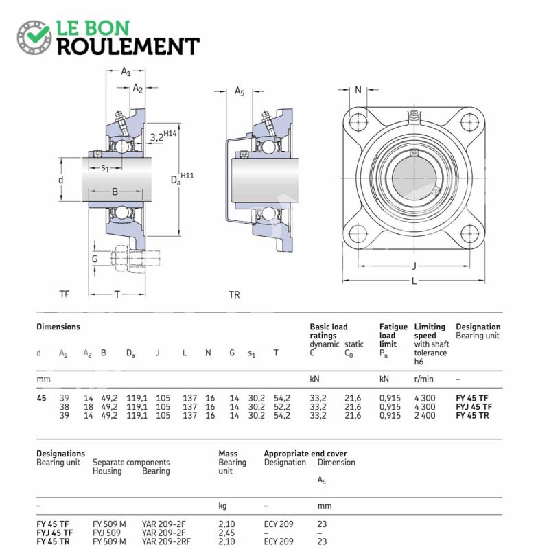 Palier fonte FY45-TF-SKF | Le Bon Roulement