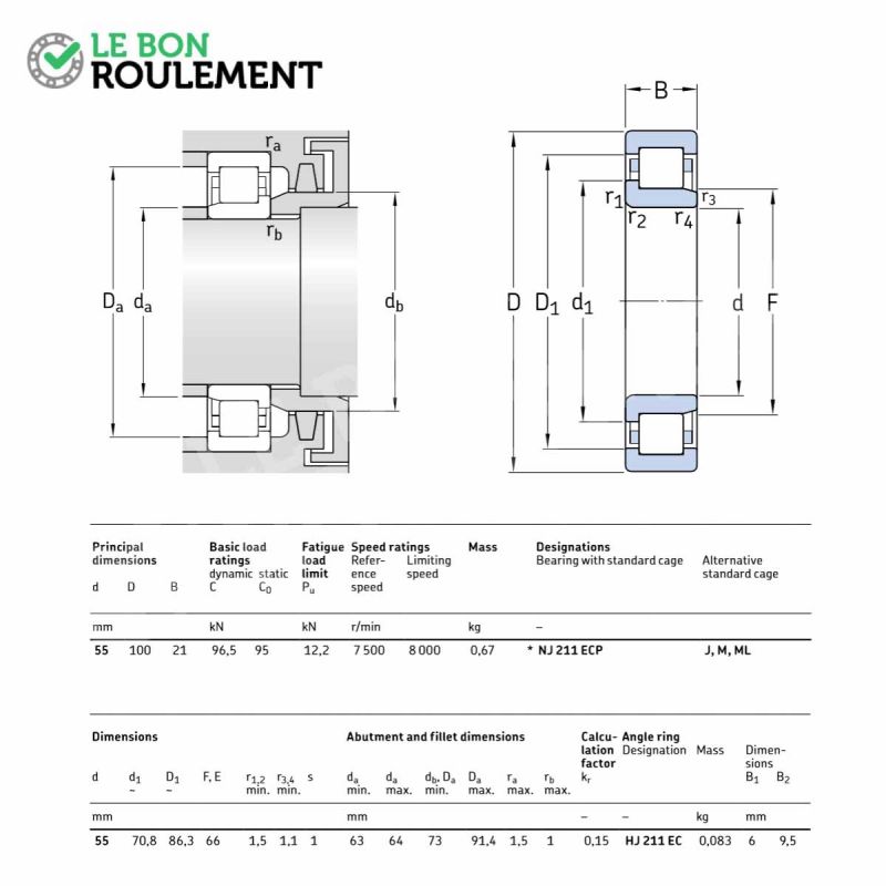 Roulement à rouleaux cylindriques NJ211-ECP-C3-SKF | Le Bon Roulement