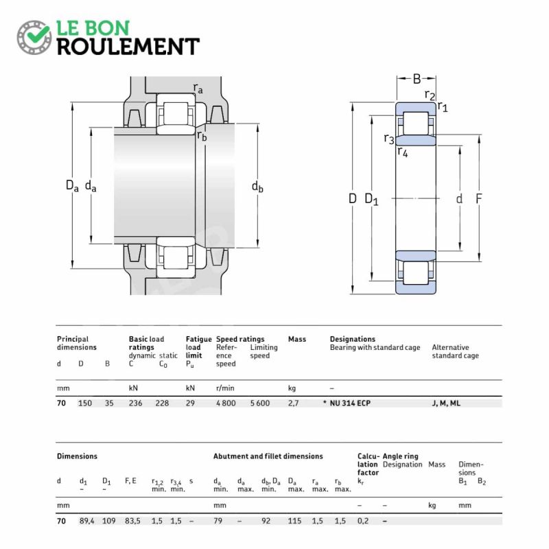Roulement à rouleaux cylindriques NU314-ECM-C3-SKF | Le Bon Roulement