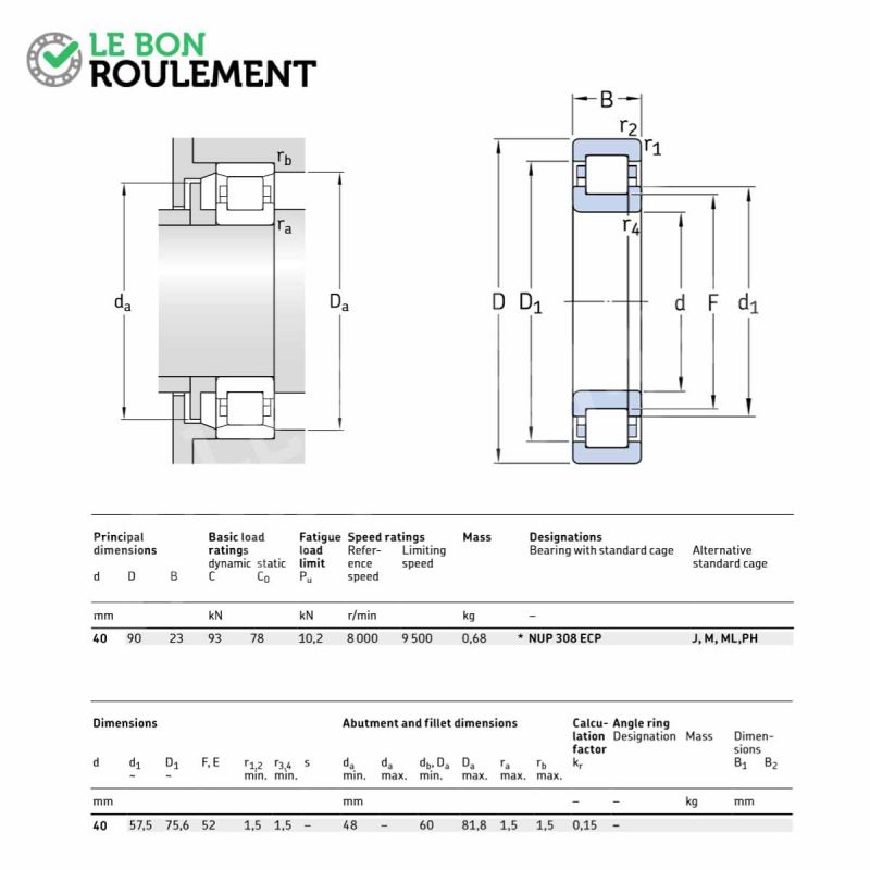 Roulement à rouleaux cylindriques NUP308-ECM-C3-SKF | Le Bon Roulement
