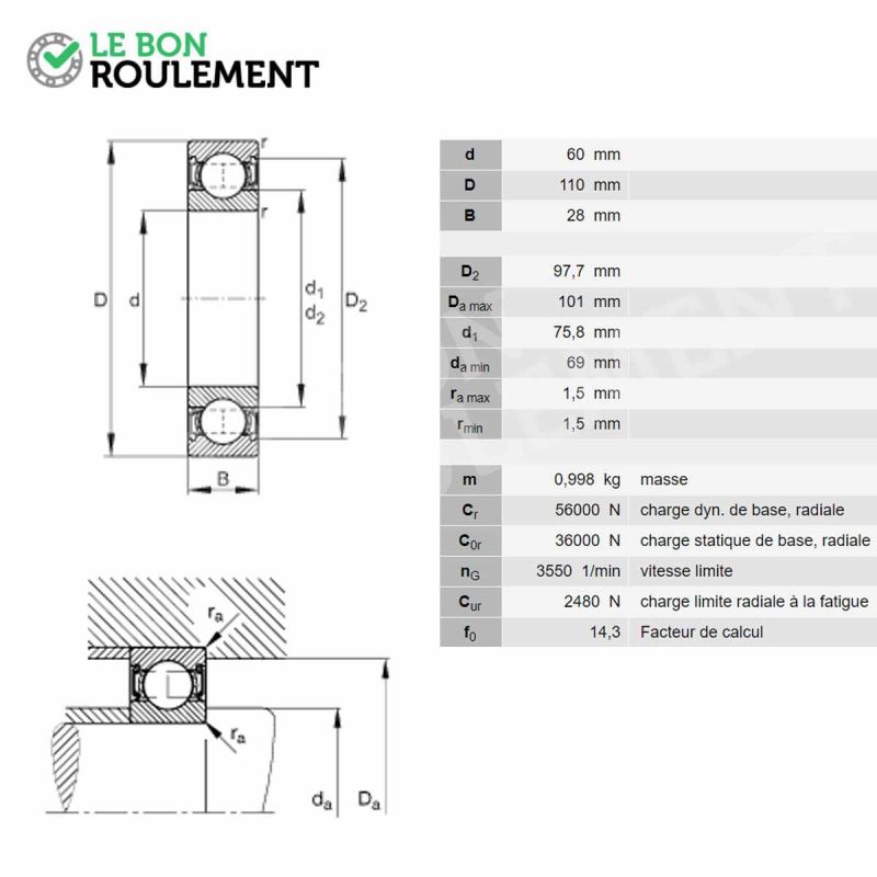 Roulement à billes 62212-2RSR-C3-FAG | Le Bon Roulement
