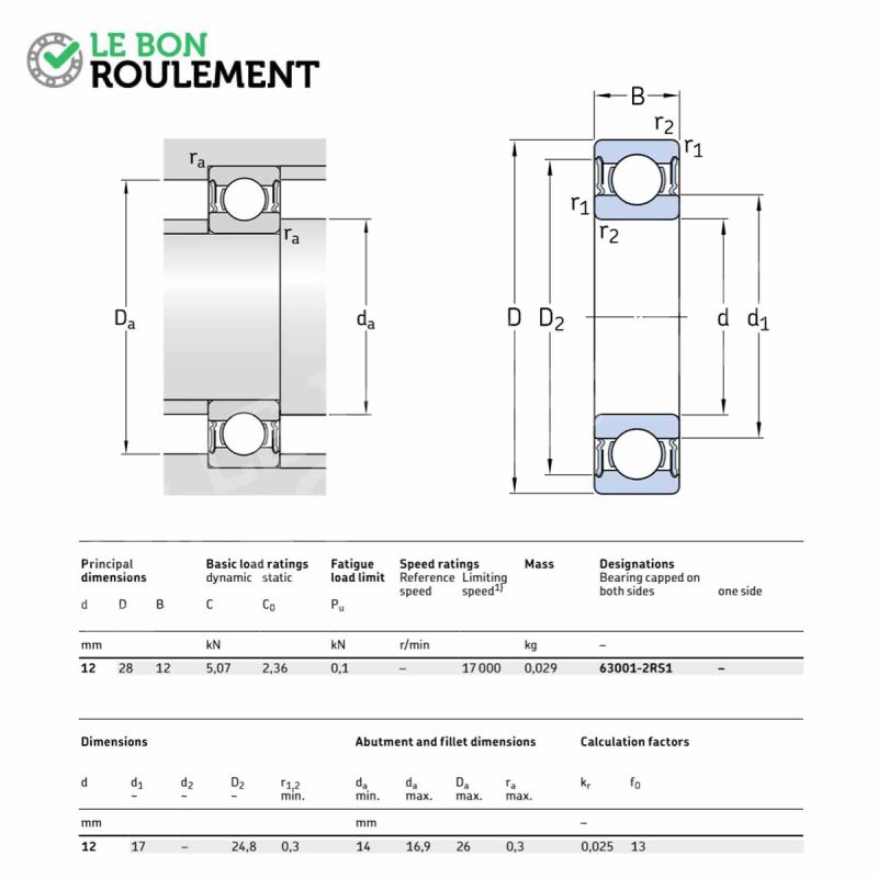 Roulement à billes 63001-2RS1-SKF | Le Bon Roulement