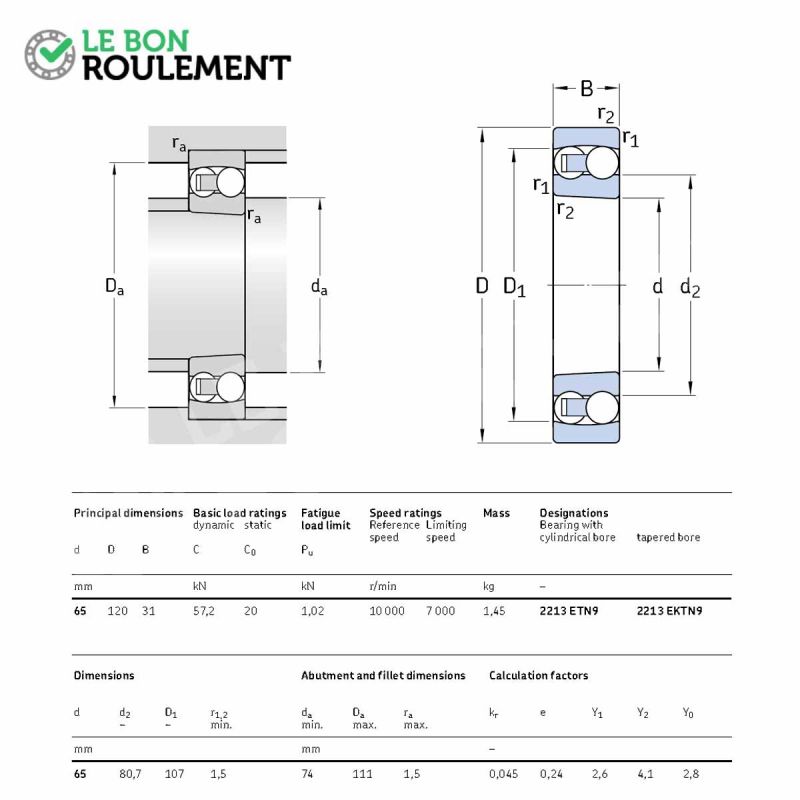 Roulement à billes 2213-E-2RS1-KTN9-C3-SKF | Le Bon Roulement