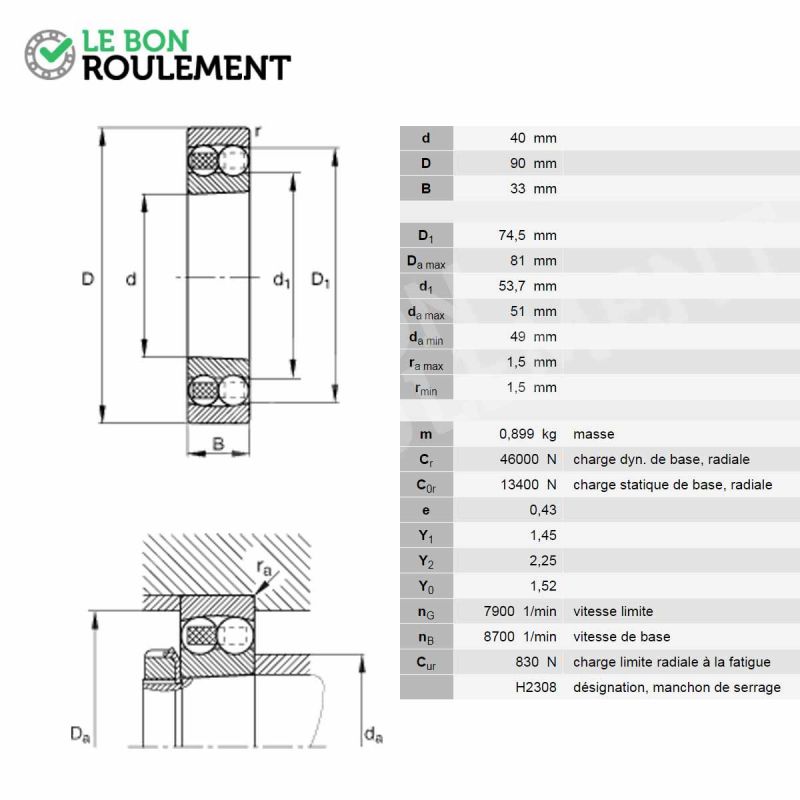 Roulement à billes 2308-K-TVH-C3-FAG | Le Bon Roulement